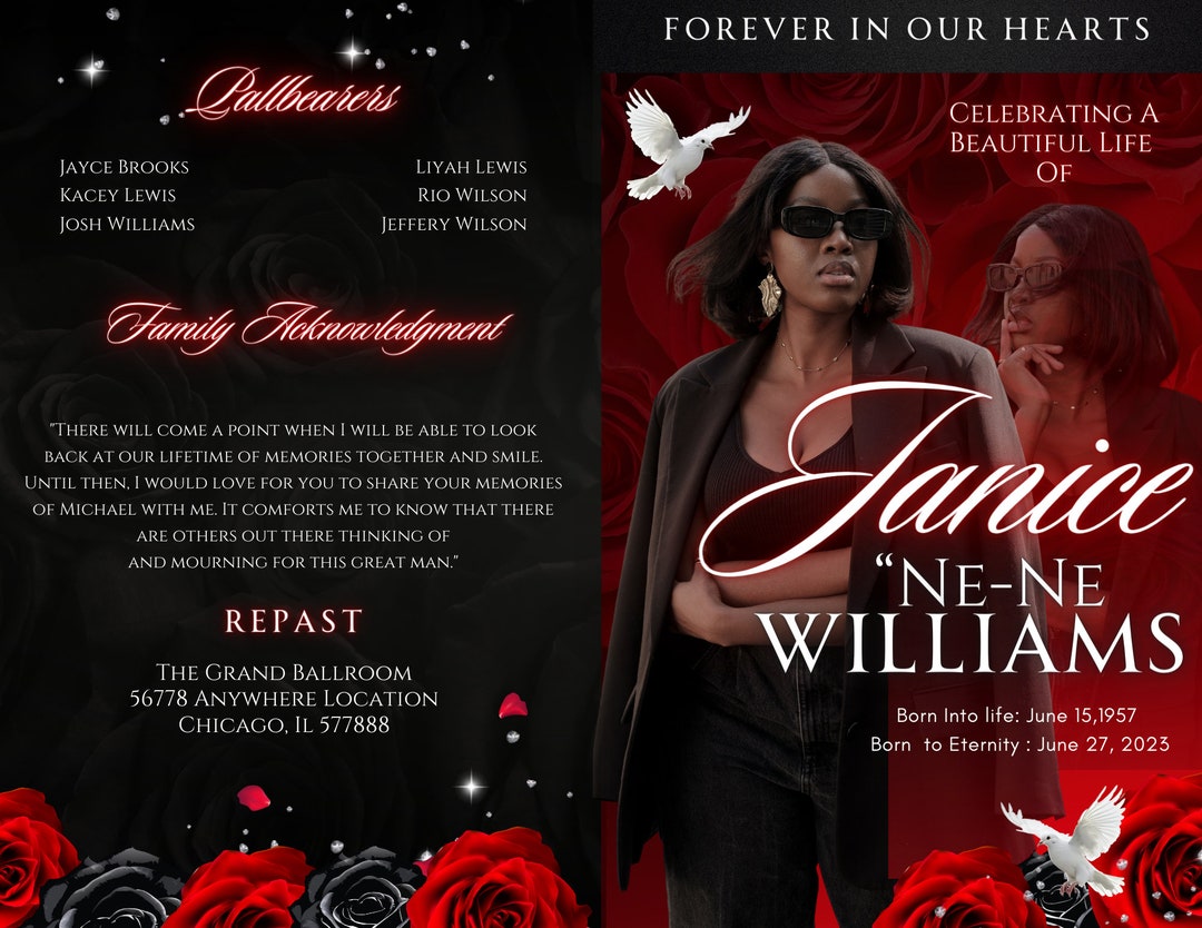 8 Page Funeral Brochure Design | RED BLACK | Obituary Book | Instant ...