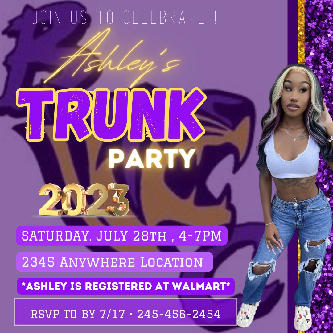 Trunk Party Invite , Editable , Digital Download , Purple Gold, Canva ...