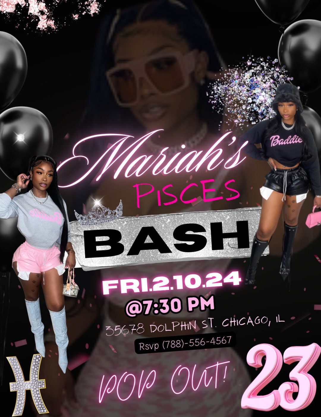 Pink, Black , Glitter , Birthday Bash Invite, Pisces Bash, Canva ...