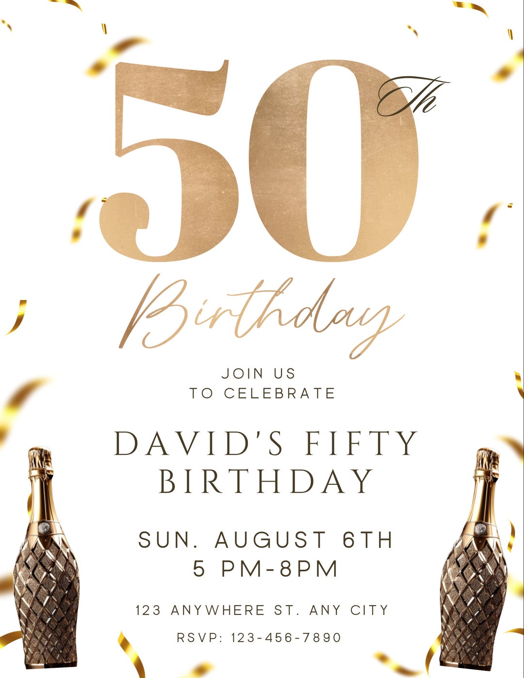 50th Birthday Invite , Editable , Digital Download, Canva, GOLD & WHITE ...