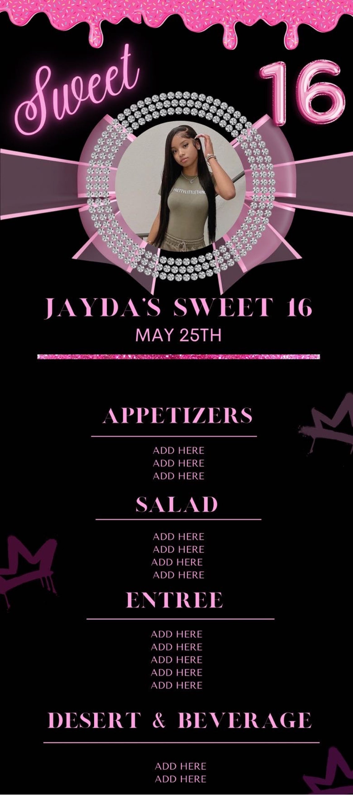 Sweet 16 Menu Card Menu - Etsy
