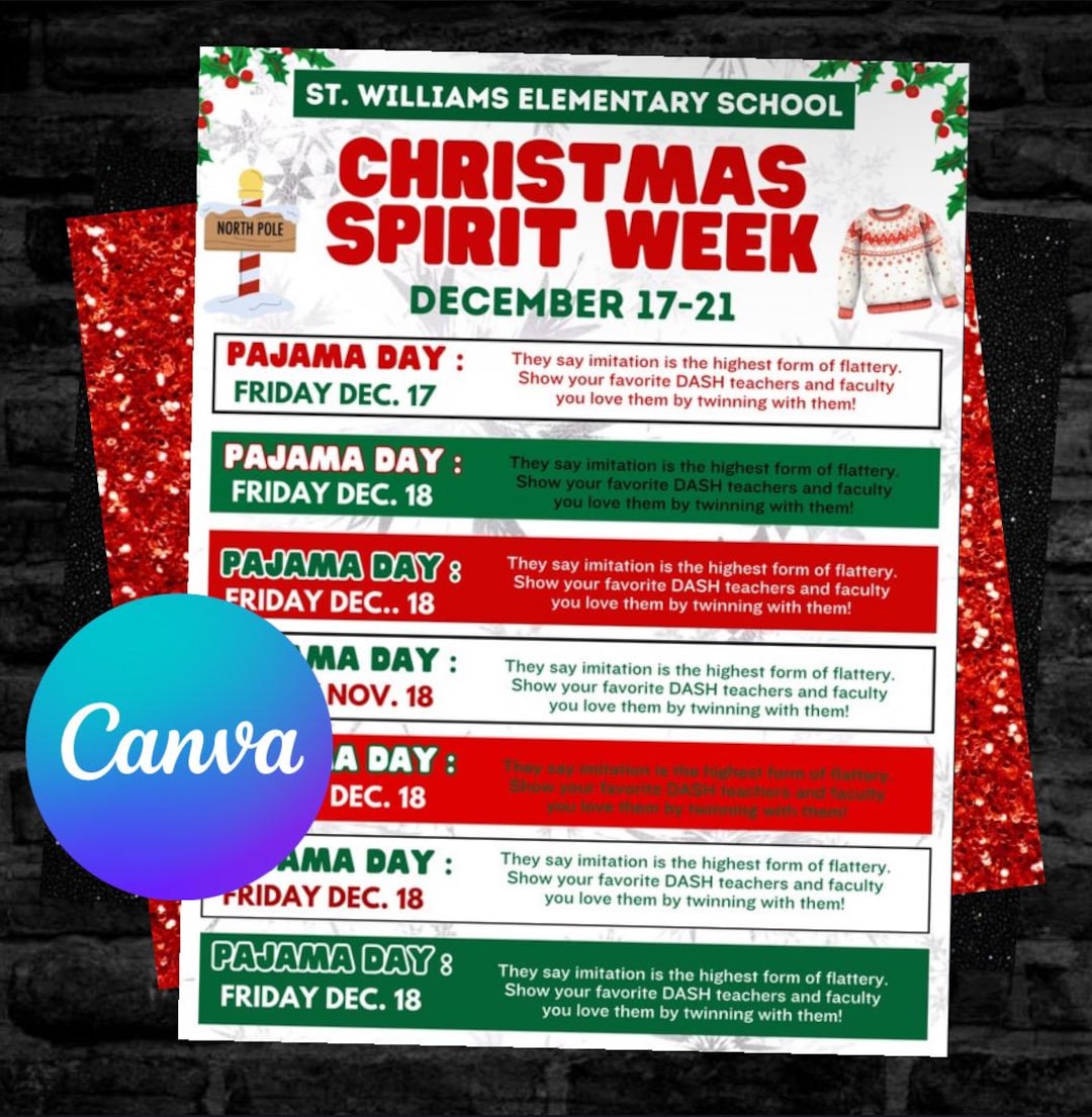 Christmas Spirit Week School Flyer , Editable With Canva , Digital ...