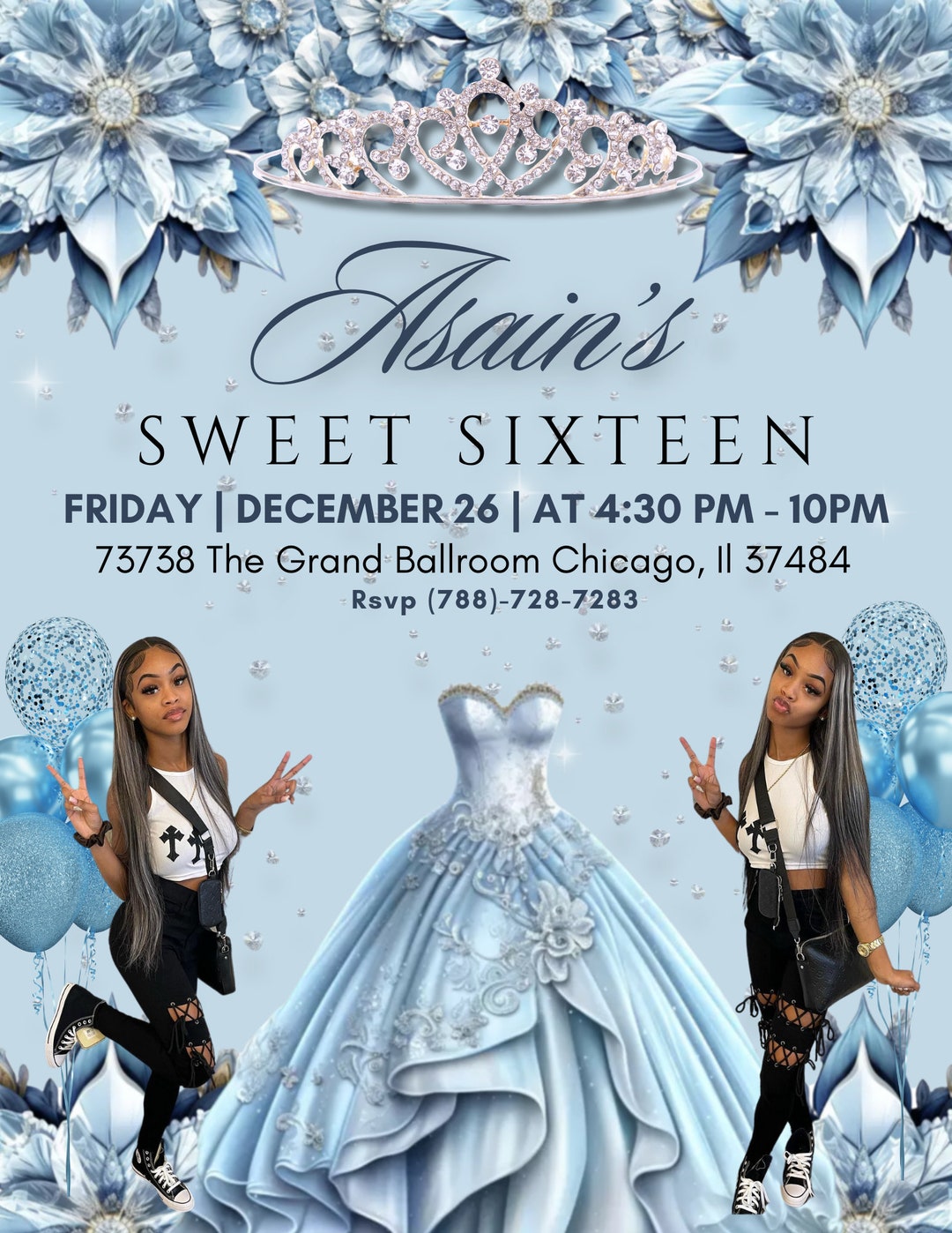Sweet Sixteen Birthday Invitation, Canva Template, Digital Download ...