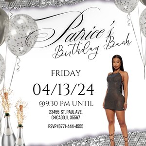 Silver , Black , Diamonds Birthday Invite, Edit With Canva , Digital ...