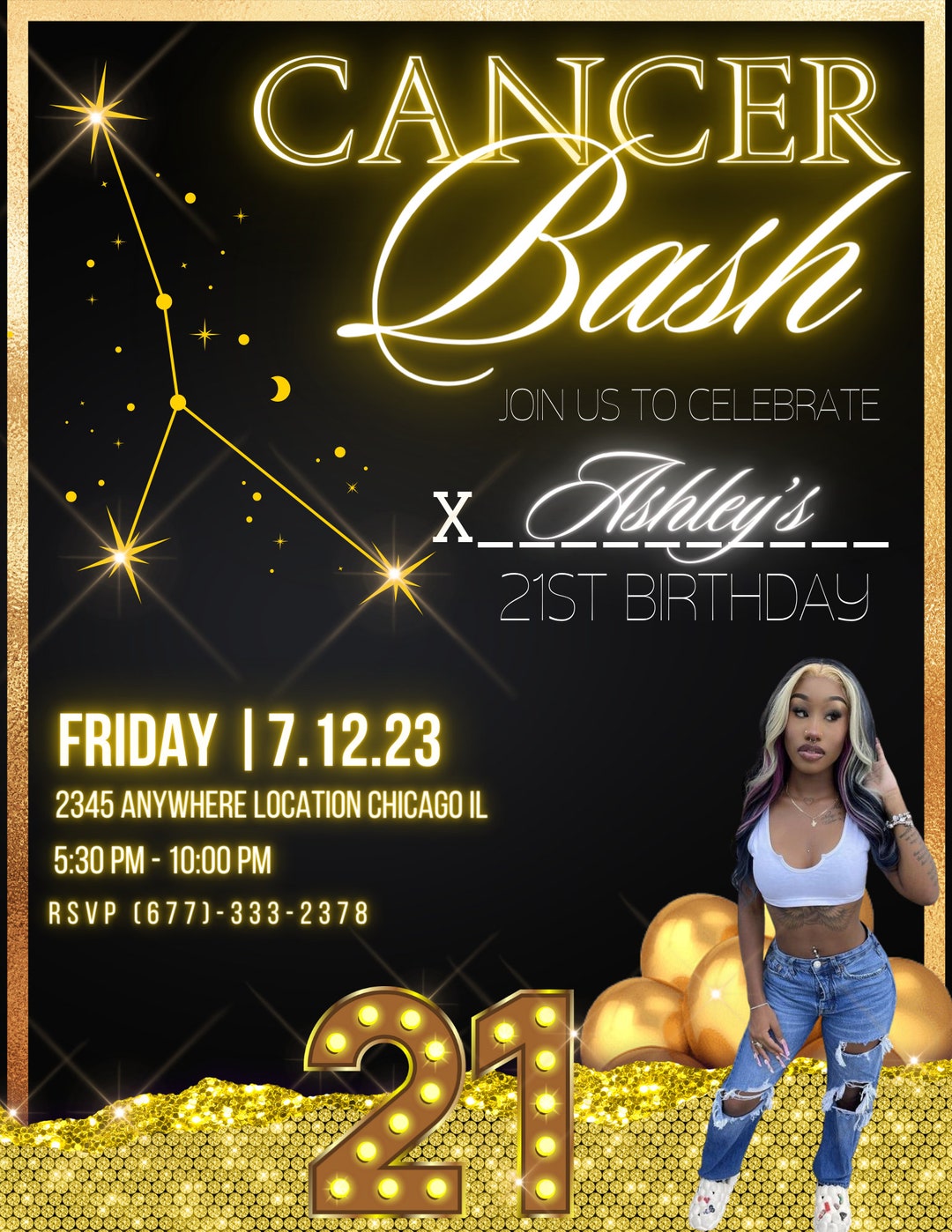 Cancer Bash Invite, Editable, Gold , Canva , Digital Download, Canva ...