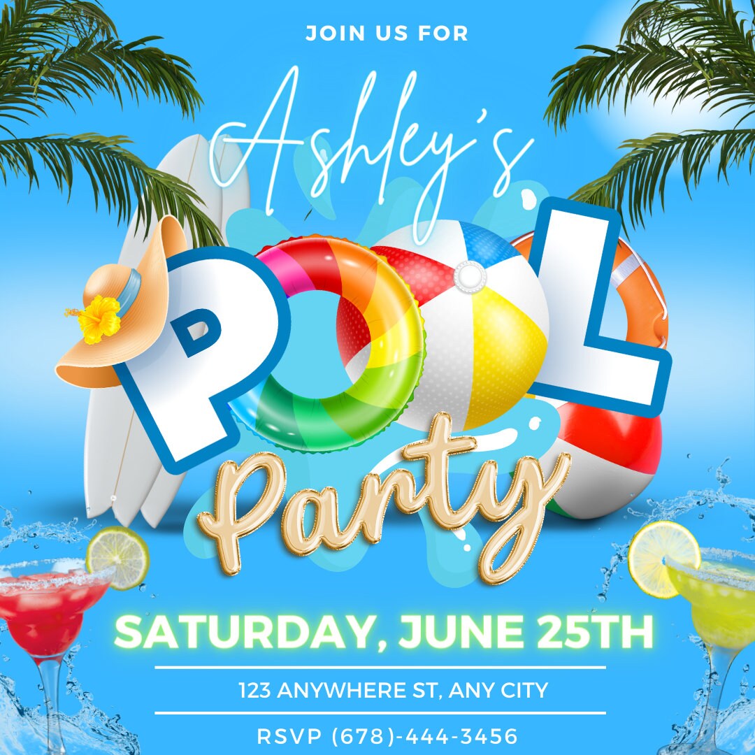 POOL PARTY INVITE, Editable , Digital Download, Birthday , Pool Splash ...