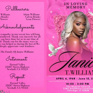 4-page Funeral Brochure Design | Pink | Obituary Book | Instant ...