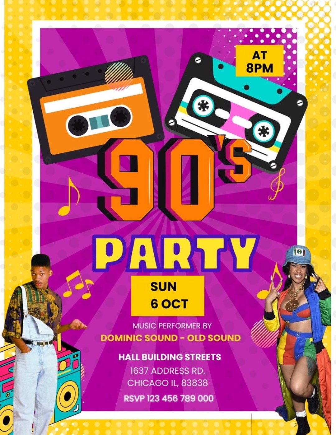 Editable 90's Party Invite, Fresh Prince Invitation,canva Template ,90 ...