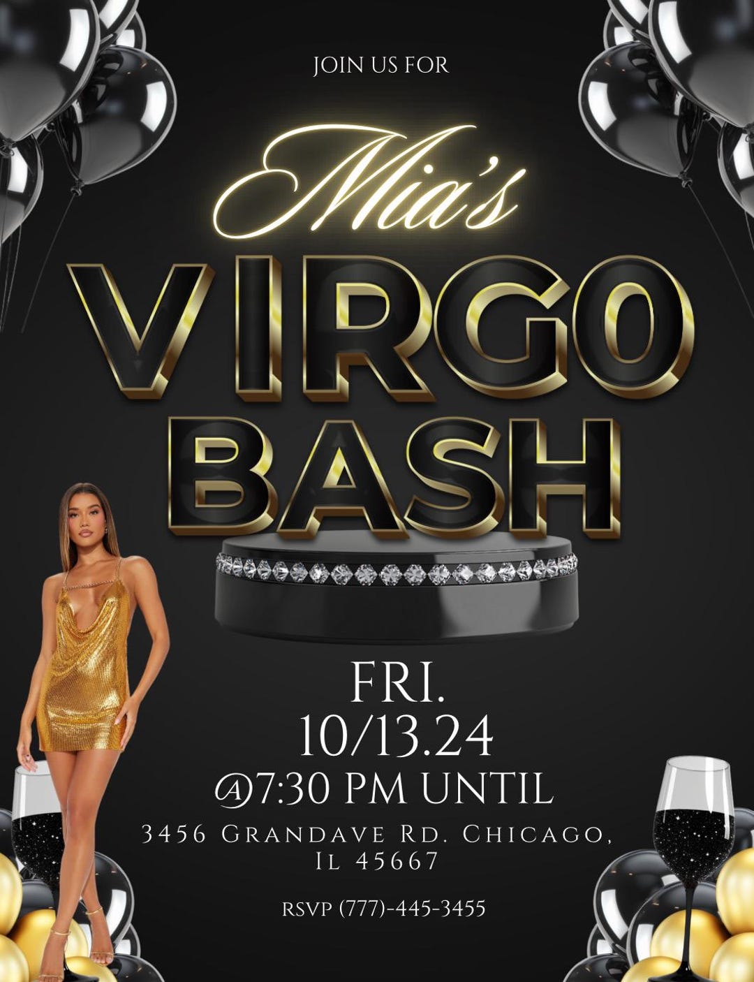 Virgo Bash Birthday Invite , Canva , Editable , Digital Download, Gold ...