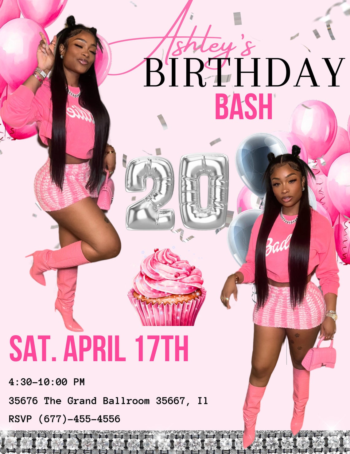 Editable Pink Birthday Bash Invite , Canva Template , Instant Download ...