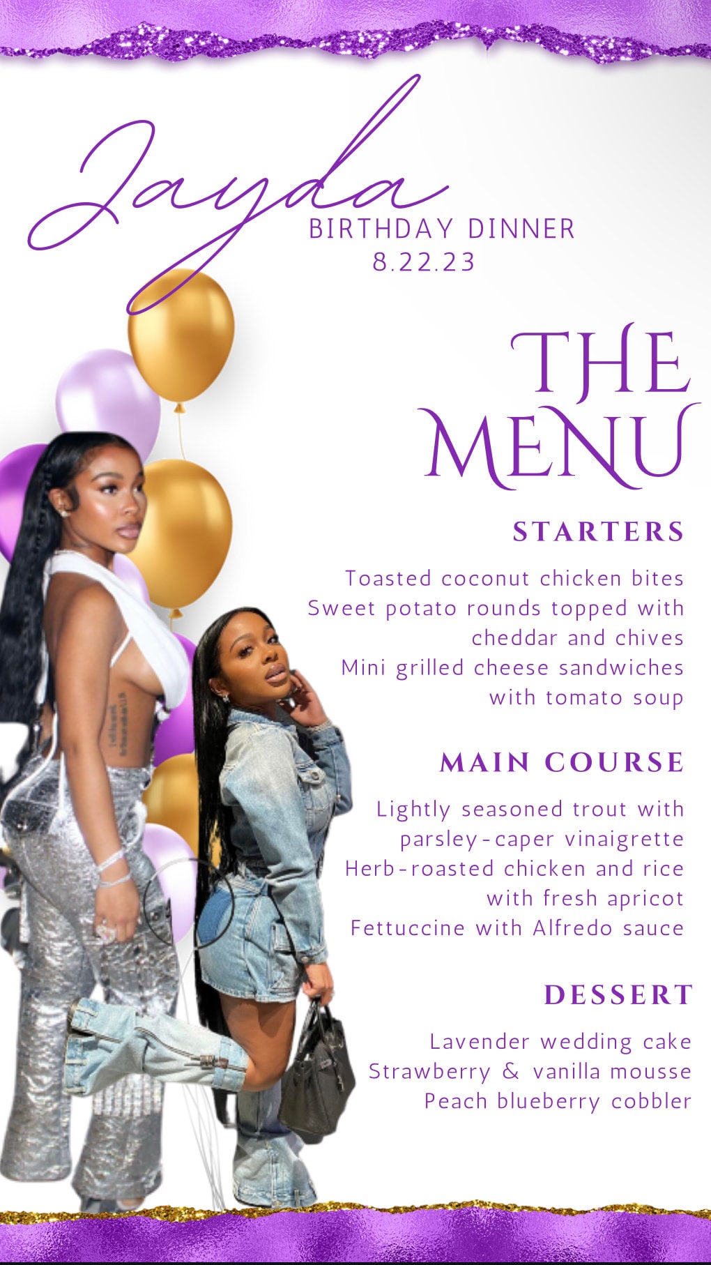 Editable Birthday Menu Card , Digital Download, Menu, Purple , Gold ...