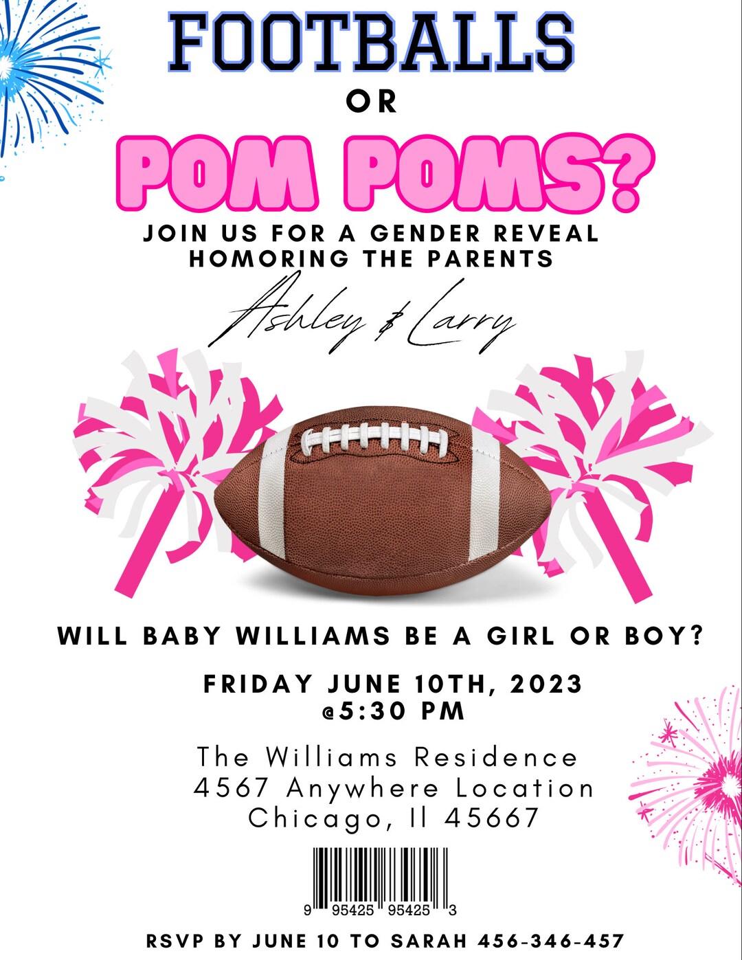 Gender Reveal Invite , Pom Poms or Footballs , Editable , Digital ...