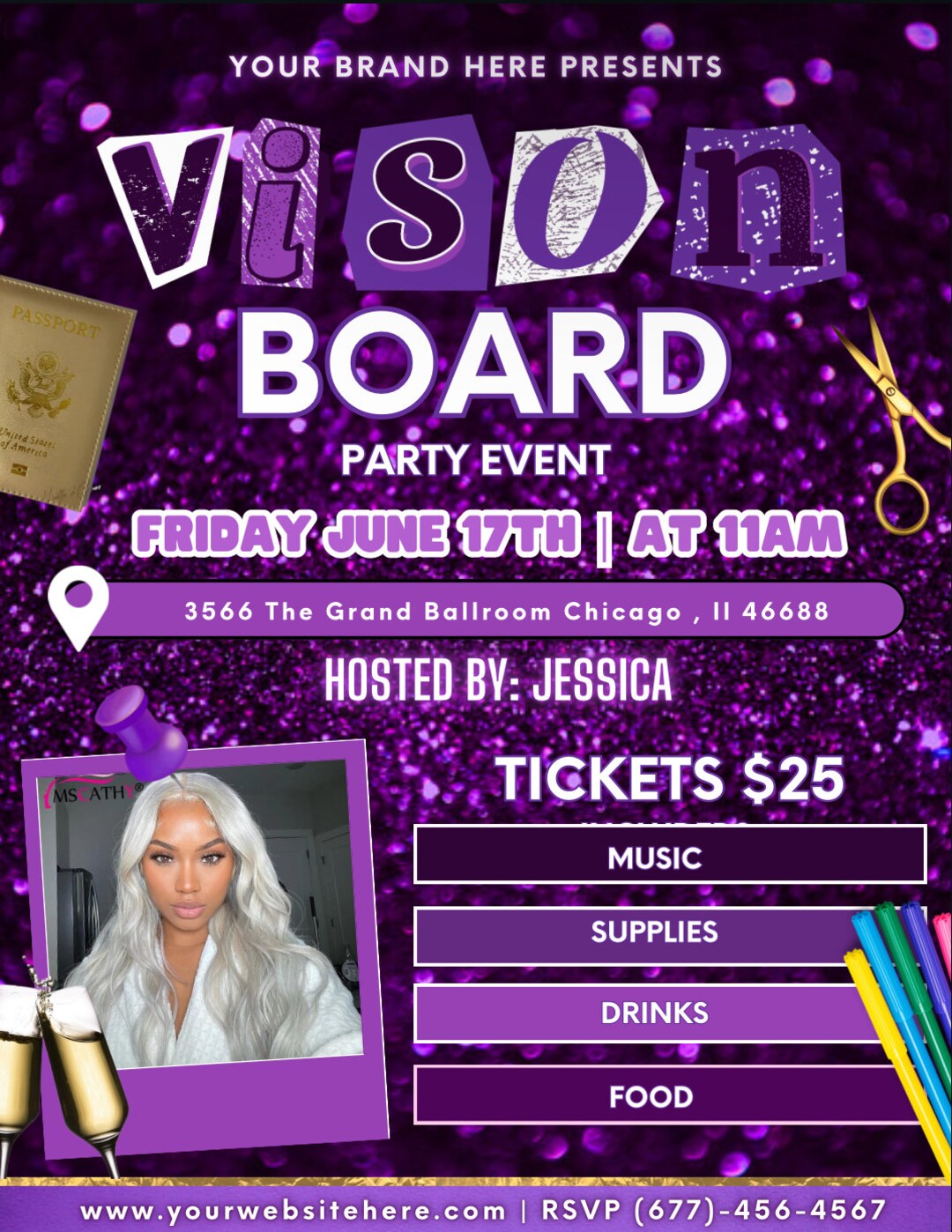 Vision Board Party Event, Editable , Purple, Canva Template , Instant ...