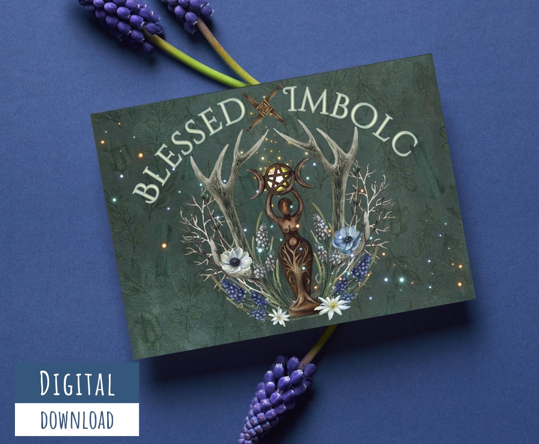 Printable Blessed Imbolc Card #8, Spring, Antlers, Crystals, Flowers ...