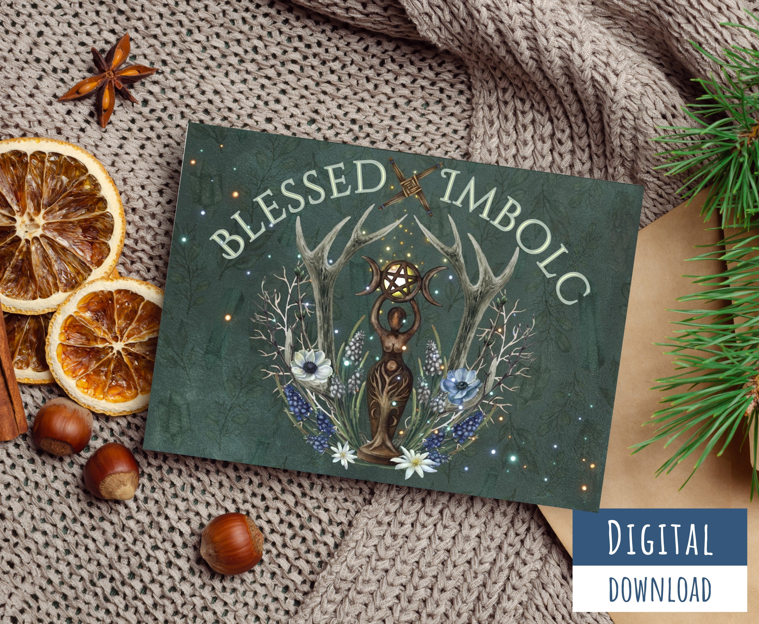 Printable Blessed Imbolc Card #8, Spring, Antlers, Crystals, Flowers ...