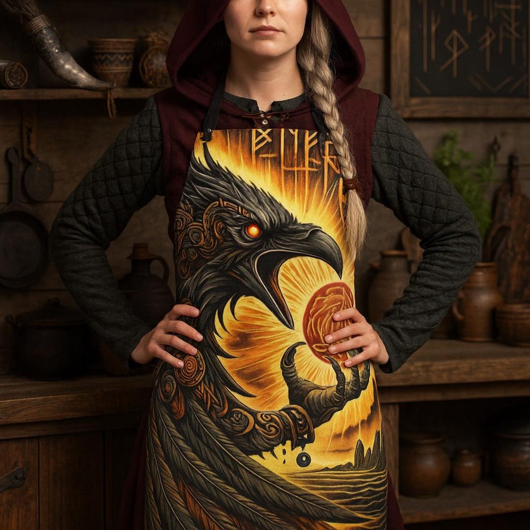Viking Raven Apron | Norse Kitchen Witch Gift | Rune Symbol Cooking ...