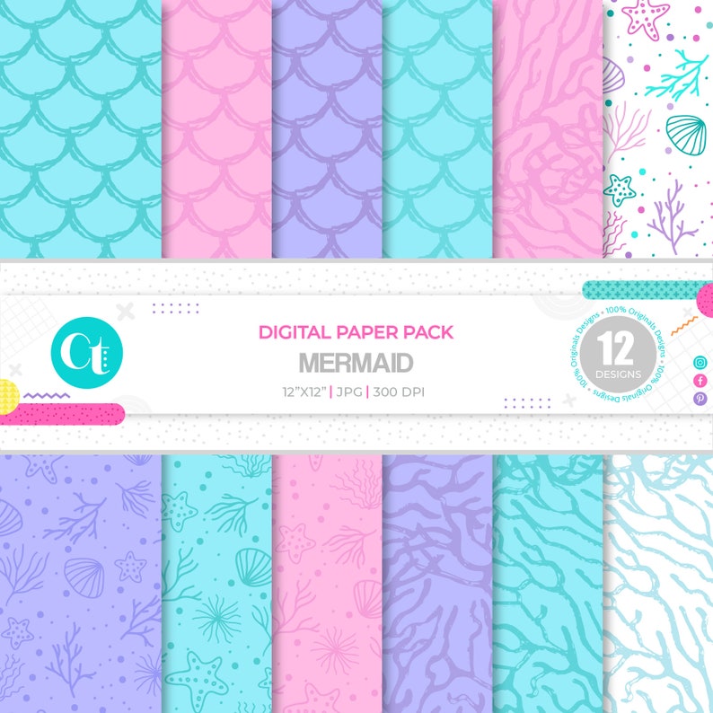 Mermaid Digital Paper Pack: Under the Sea Scrapbook Patterns (12x12 ...