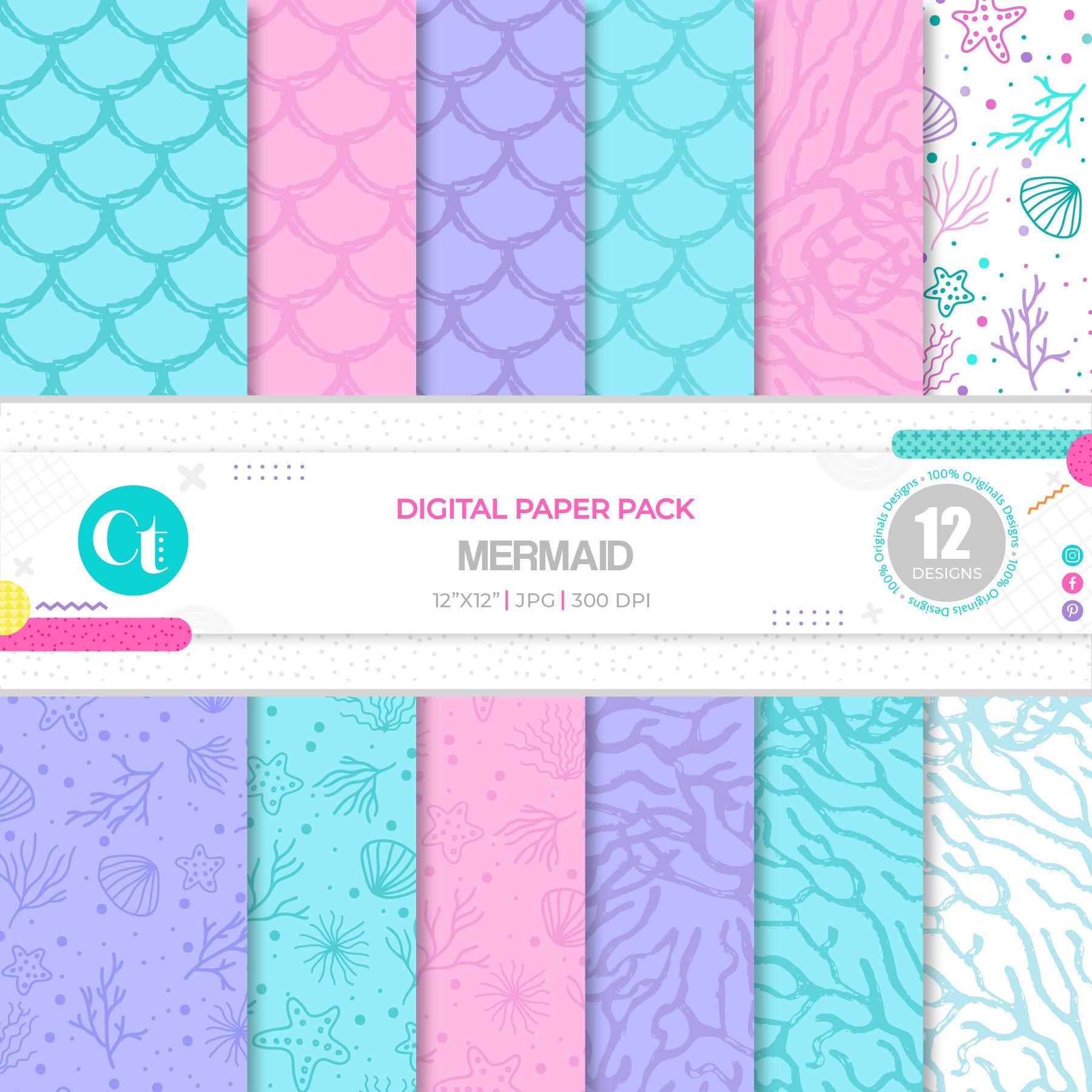 Papel digital de sirena, patrón de sirena, álbum de recortes de sirena ...