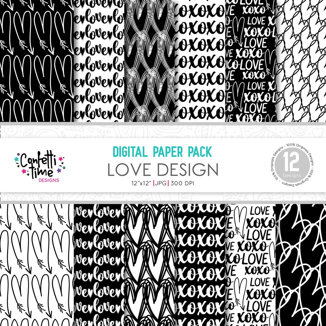 Heart Love Digital Paper Pack: Valentine's Day Designs (12x12, JPG ...