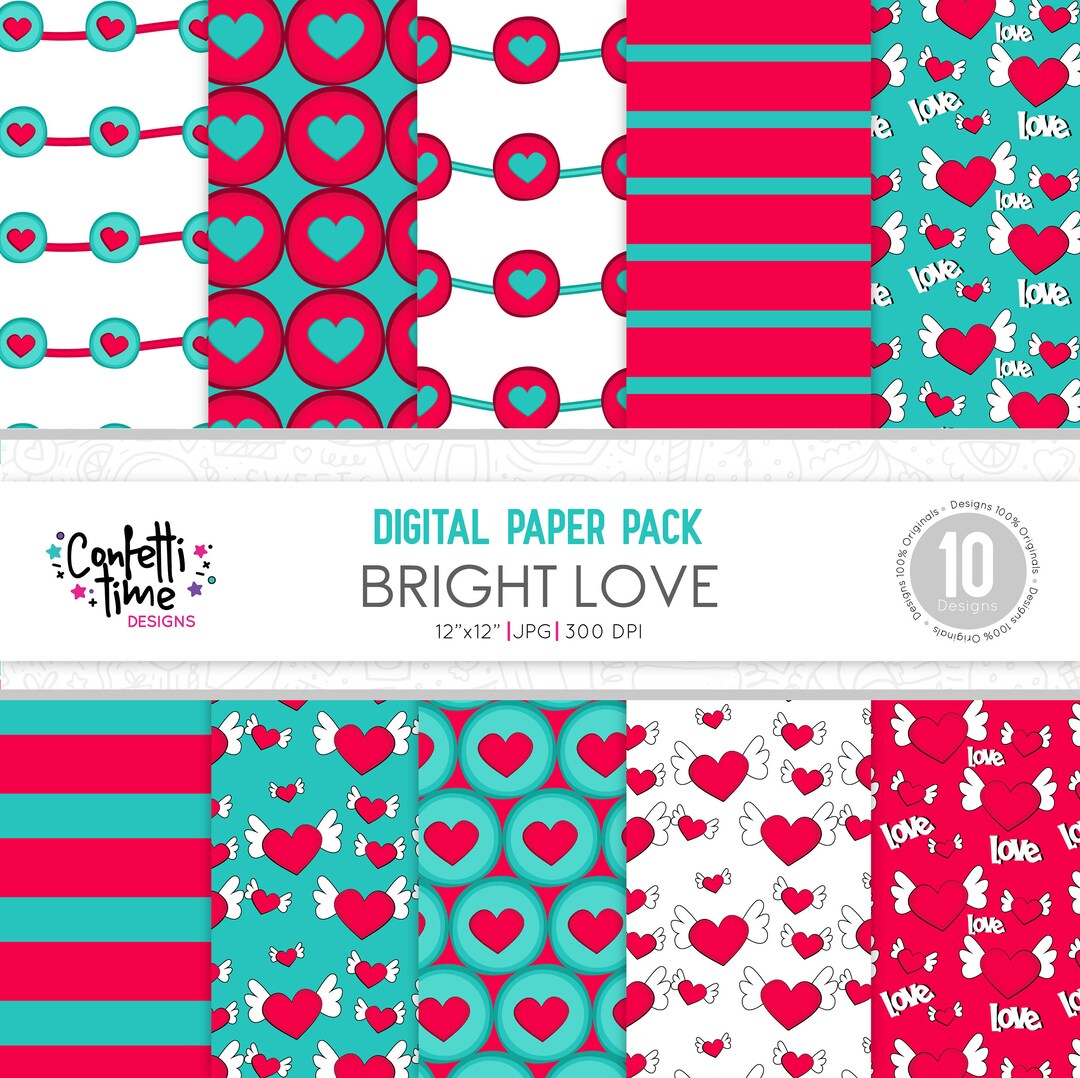 Bright Love Digital Paper, Love Digital Paper, San Valentine Digital ...