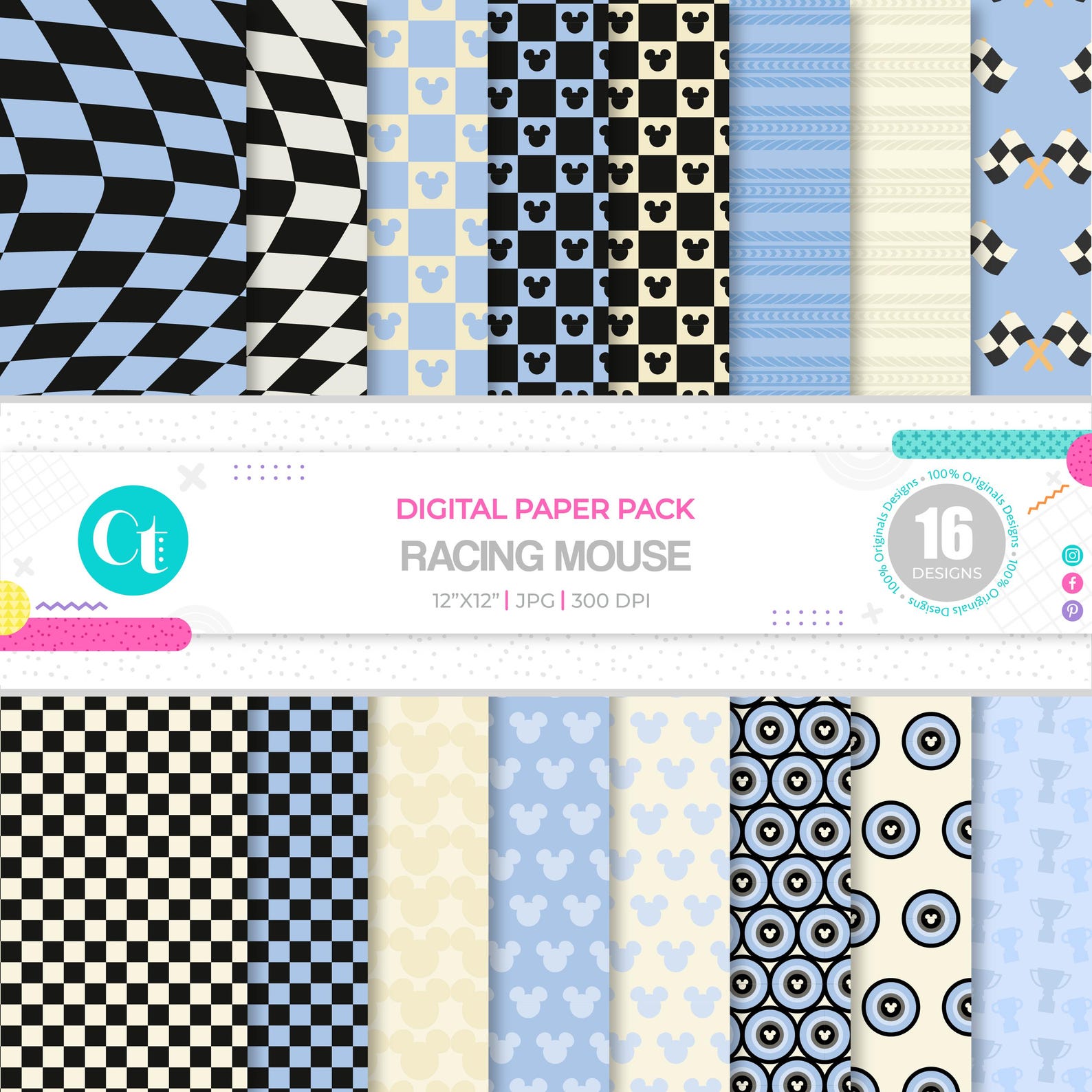 Mouse Racing Digital Paper: Vintage Mickey Roadster (16 12x12 JPG) - Etsy