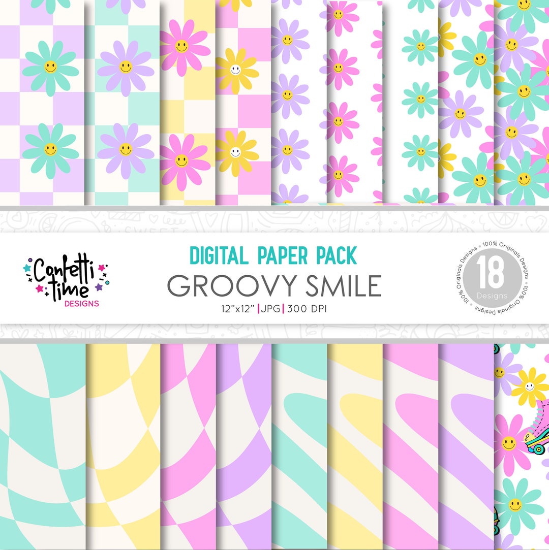 Groovy Digital Paper, Happy Face Digital Paper, Smile Digital Paper ...