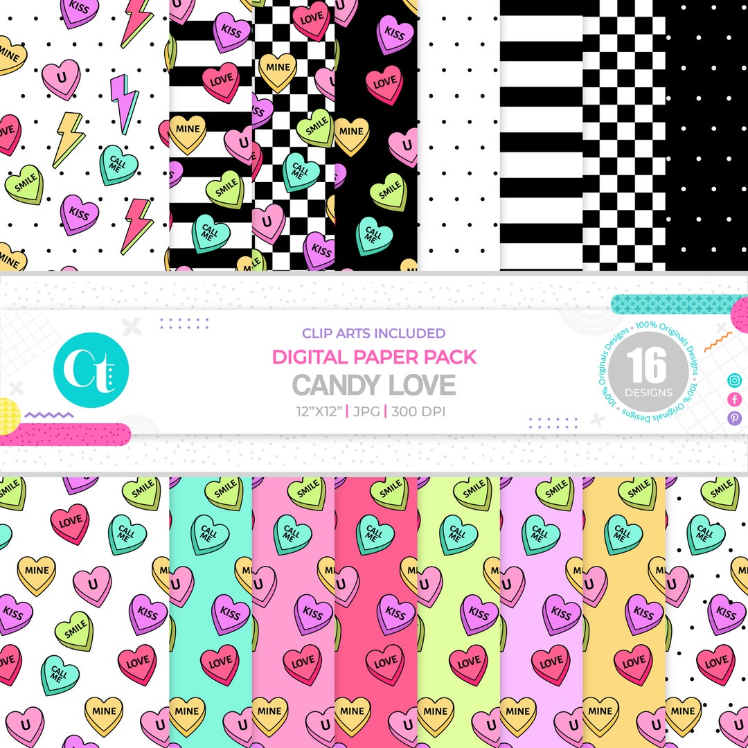 Candy Hearts Digital Paper Pack: Valentine's Day Scrapbook (12x12, JPG ...