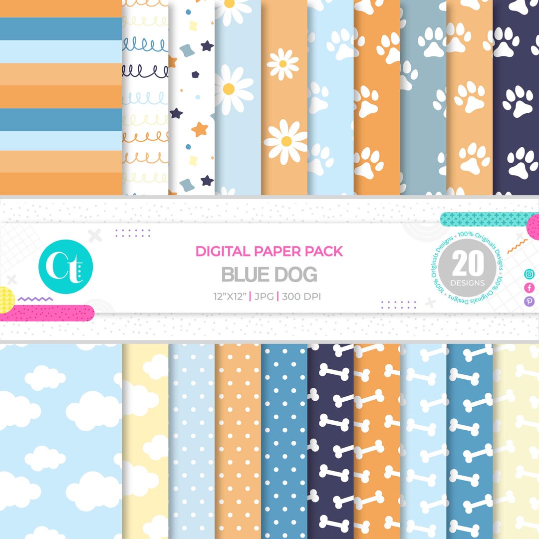 Dog Digital Paper, Bluey Digital Paper, Animal Digital Paper, Blue ...