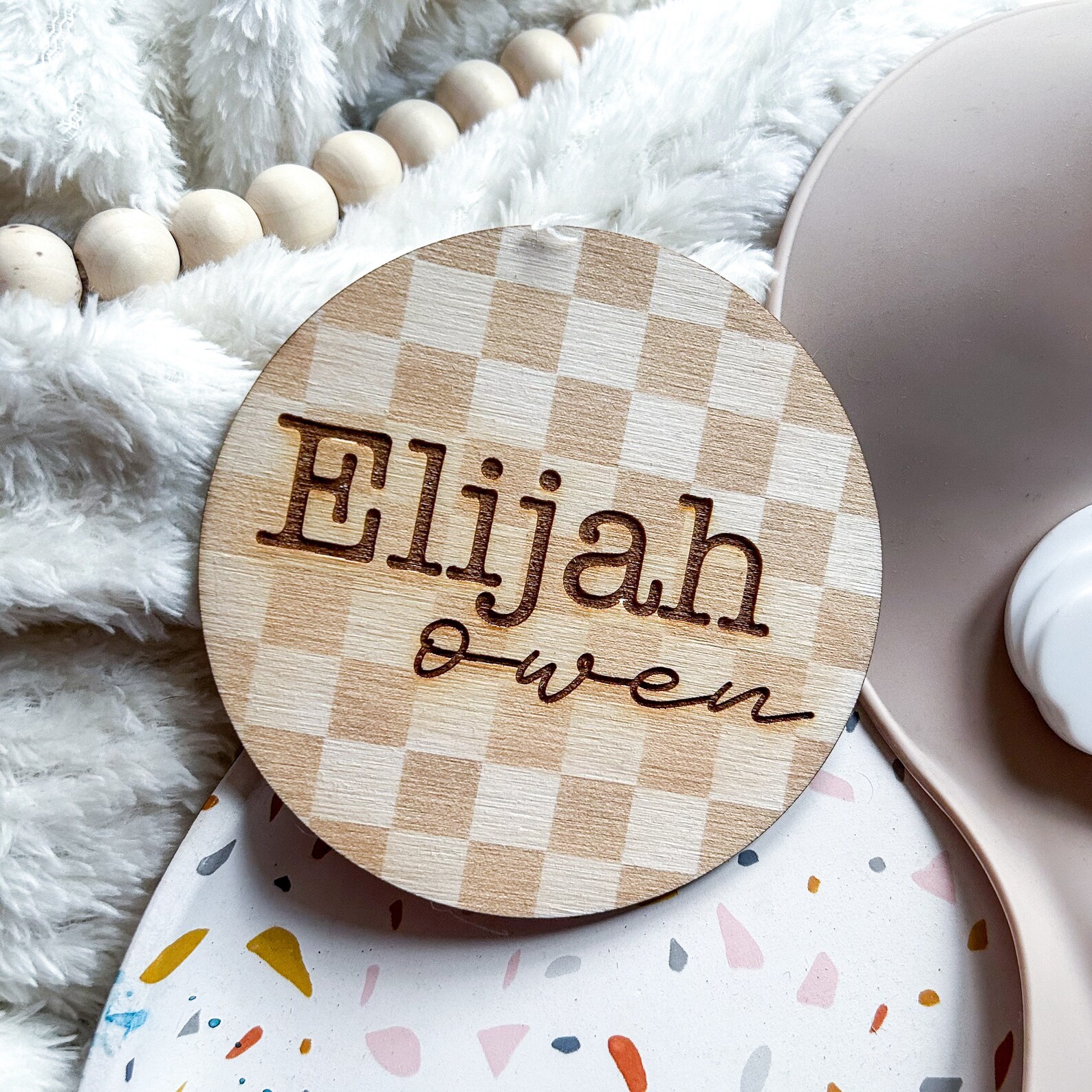 Baby Name Round Checkered Announcement Sign, Retro Boho Birth ...