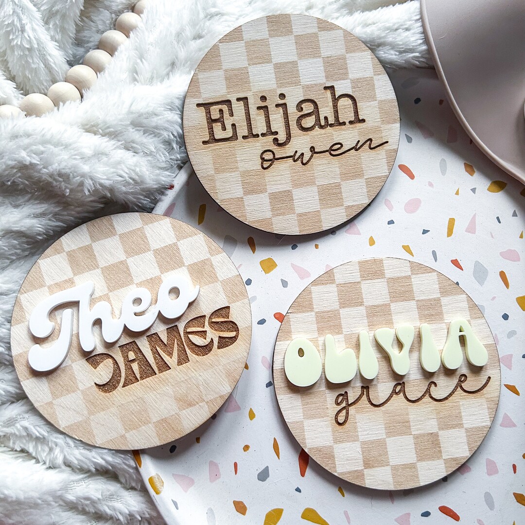 Baby Name Round Checkered Announcement Sign, Retro Boho Birth ...