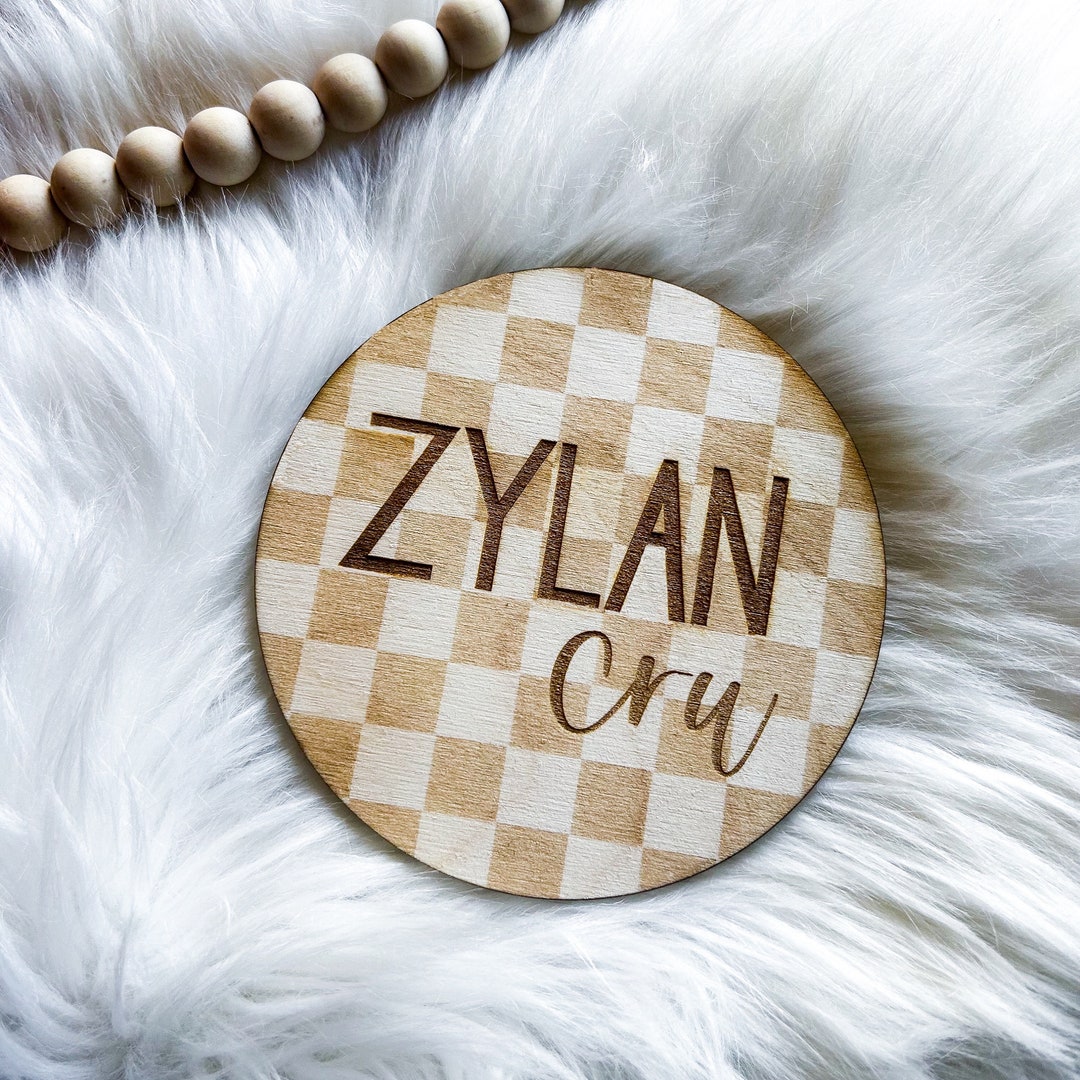 Baby Name Round Checkered Announcement Sign, Retro Boho Birth ...