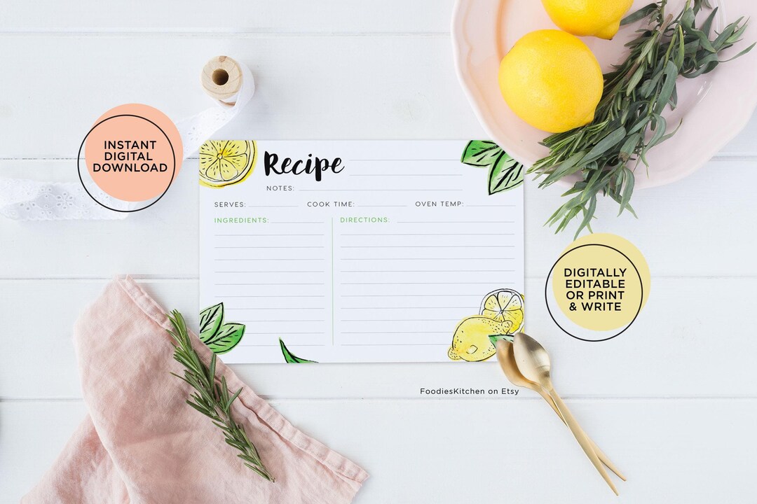 EDITABLE Lemon Recipe Card 5x7 Template, Digital Recipe Card, Recipe ...