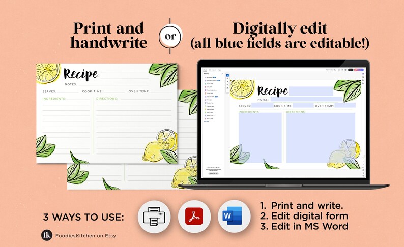 EDITABLE Lemon Recipe Card 5x7 Template, Digital Recipe Card, Recipe ...