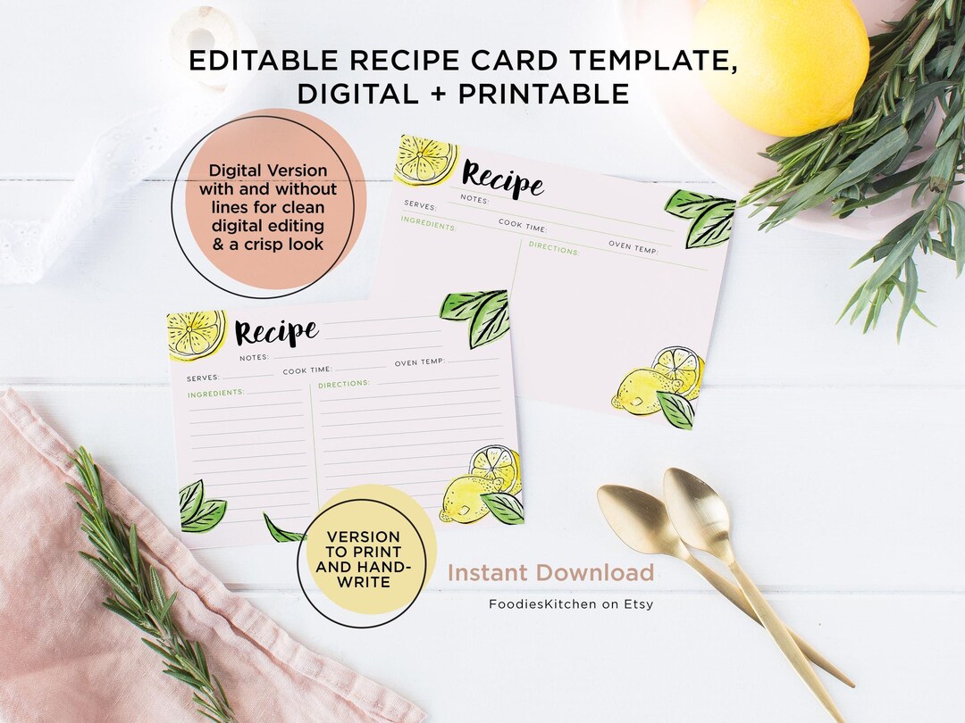 EDITABLE Pink Lemon Recipe Card 4x6 Template, Digital Recipe Card ...