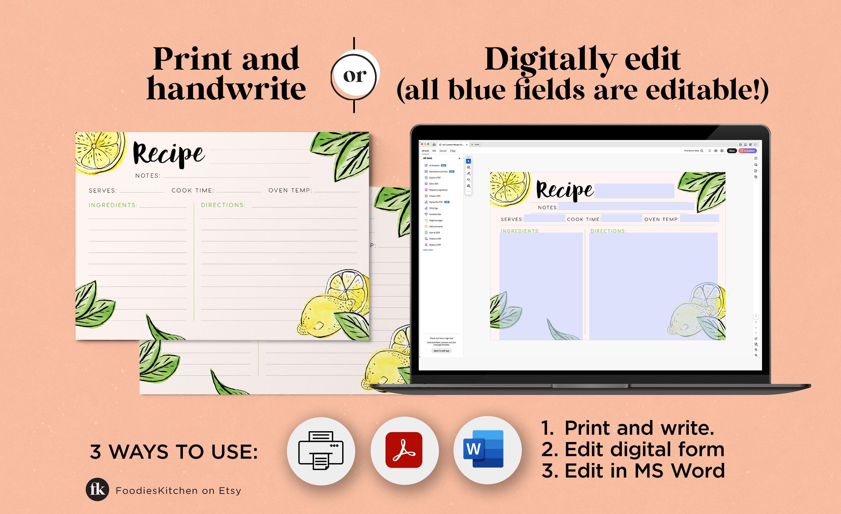 EDITABLE Pink Lemon Recipe Card 4x6 Template, Digital Recipe Card ...