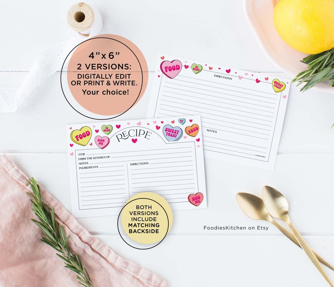 4x6 Sweethearts Valentine's Day Recipe Card, Editable Recipe Cards, DIY ...