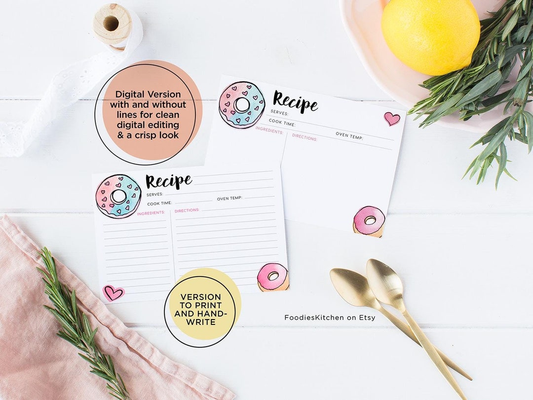 Donut Recipe Card Template: 4x6 Printable, Editable (digital Download ...
