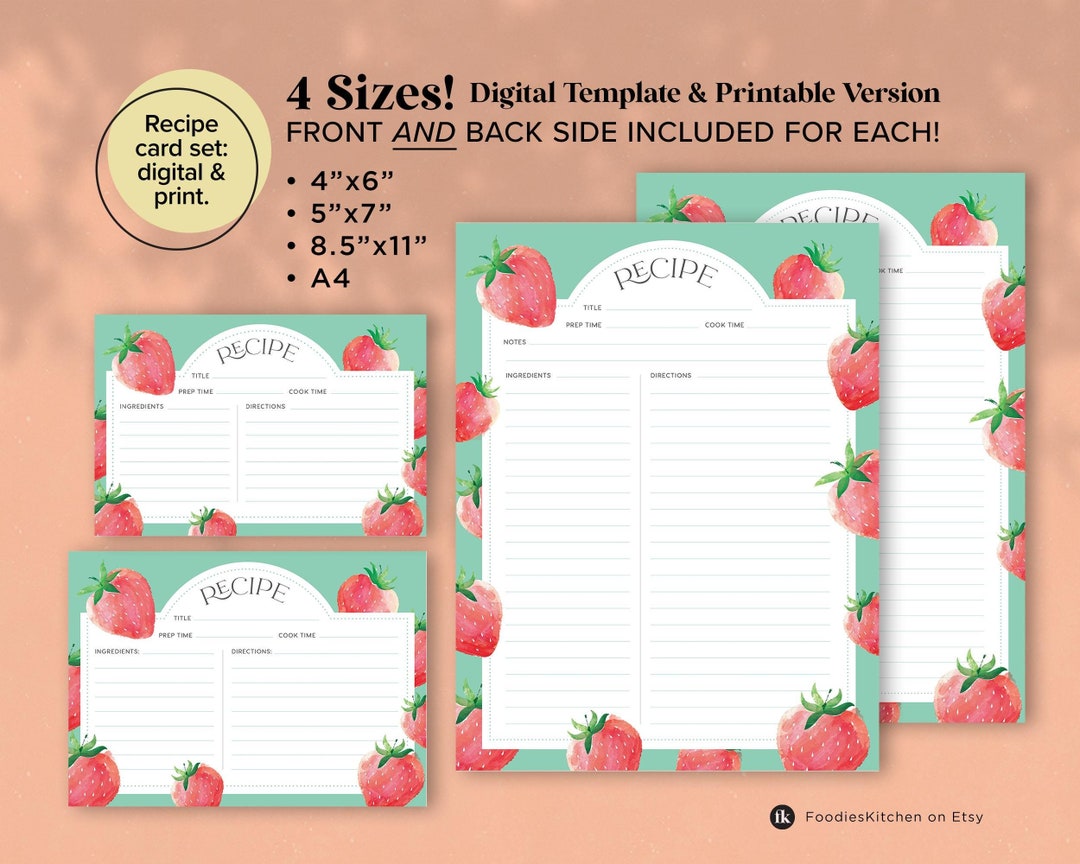 Editable Recipe Card Bundle, 4 SIZES, Strawberry Fruit Recipe Card, DIY ...