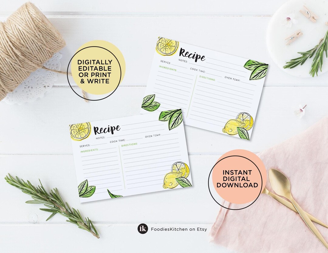 Lemon Recipe Card Template 4x6: Printable, Editable (digital Download ...