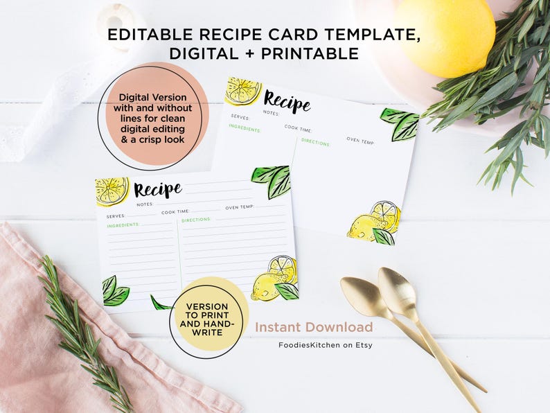 Lemon Recipe Card Template 4x6: Printable, Editable (digital Download ...