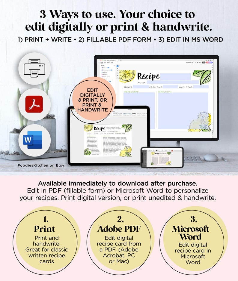 EDITABLE Lemon Recipe Card 5x7 Template, Digital Recipe Card, Recipe ...
