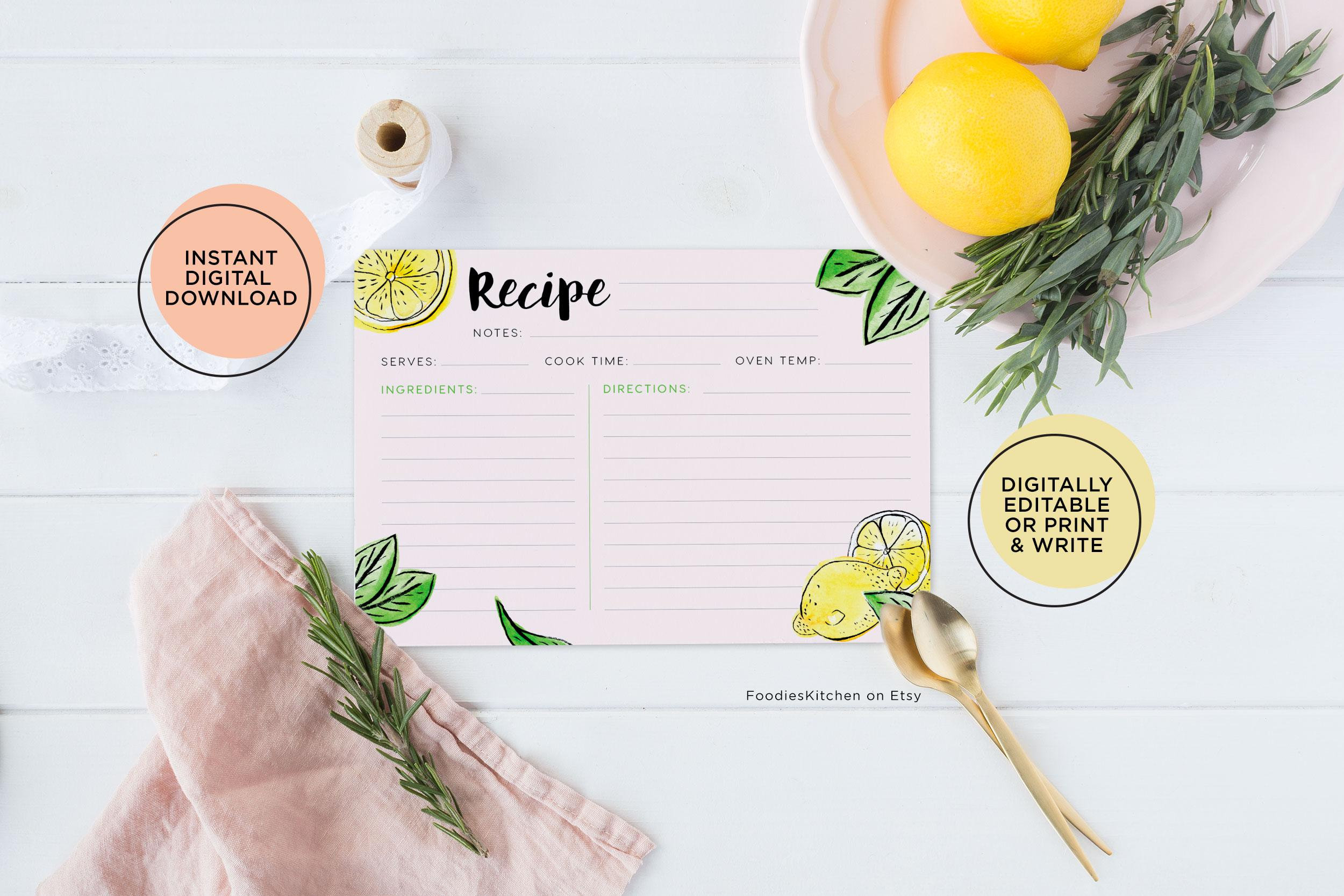 EDITABLE Pink Lemon Recipe Card 4x6 Template, Digital Recipe Card ...