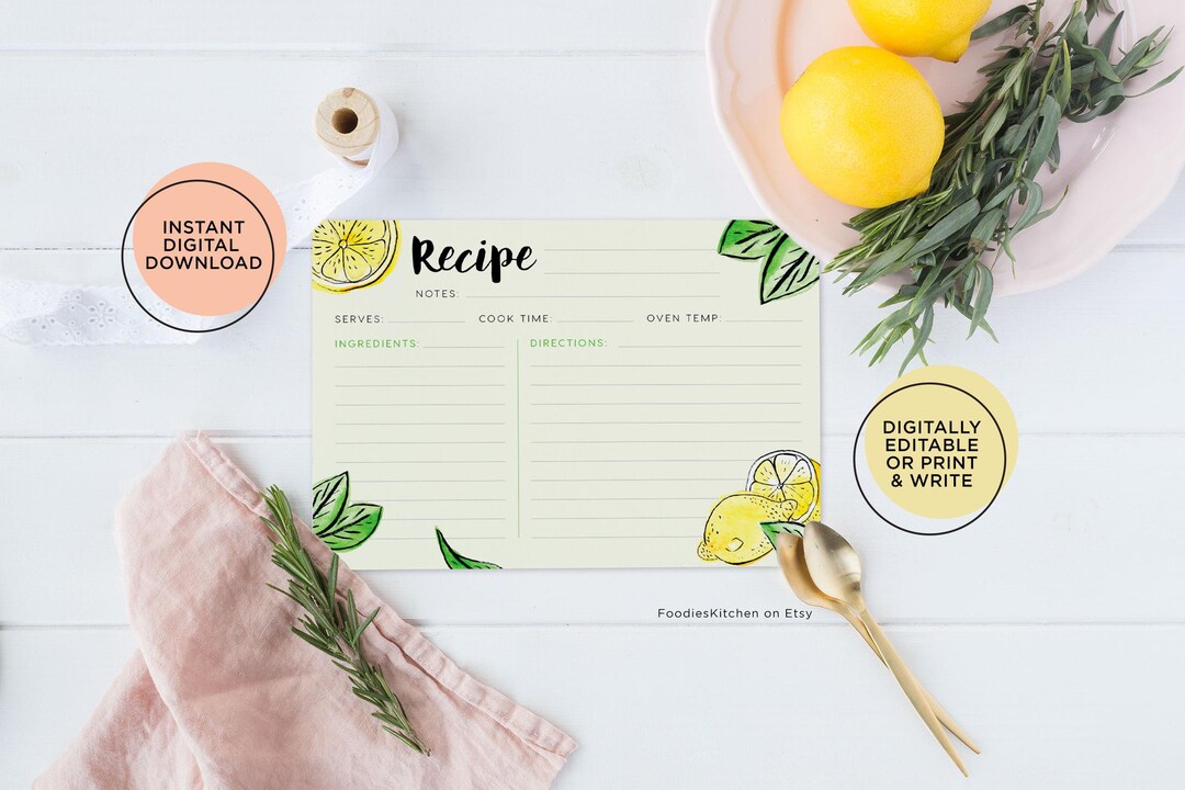 Yellow Lemon Recipe Card Template: Printable 5x7 (digital Download ...