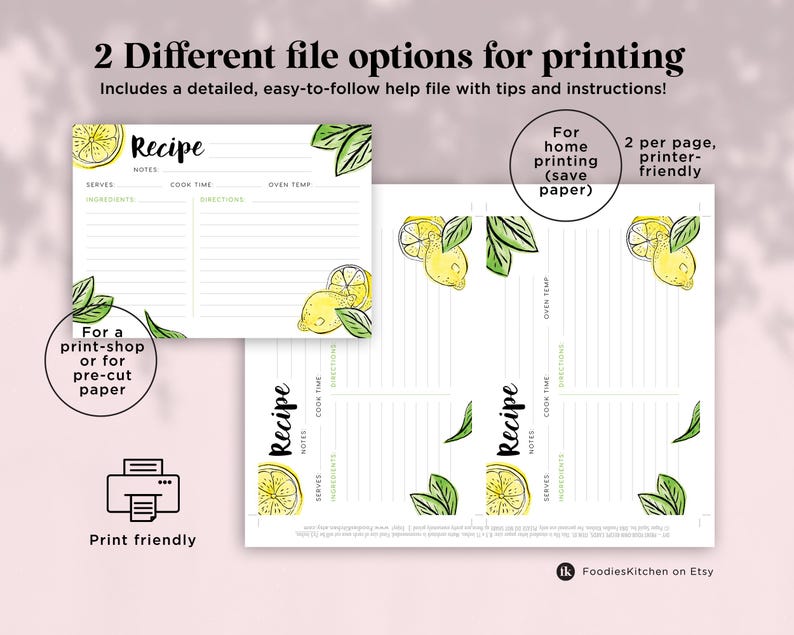 Lemon Recipe Card Template 4x6: Printable, Editable (digital Download ...