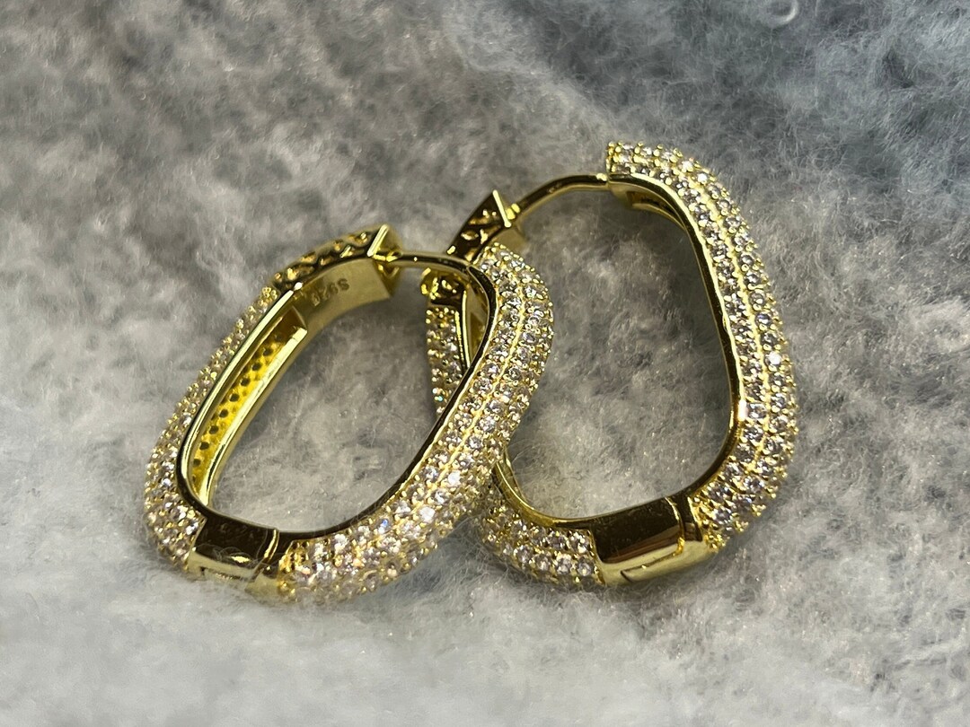 Triple Row Diamond Rectangular Hoops Gold | Multi Layer Double Sided ...