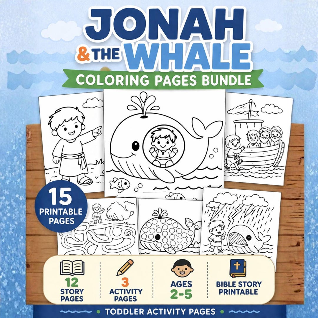 Jonah and Whale Coloring Pages Bundle | Bible Story Printable for ...