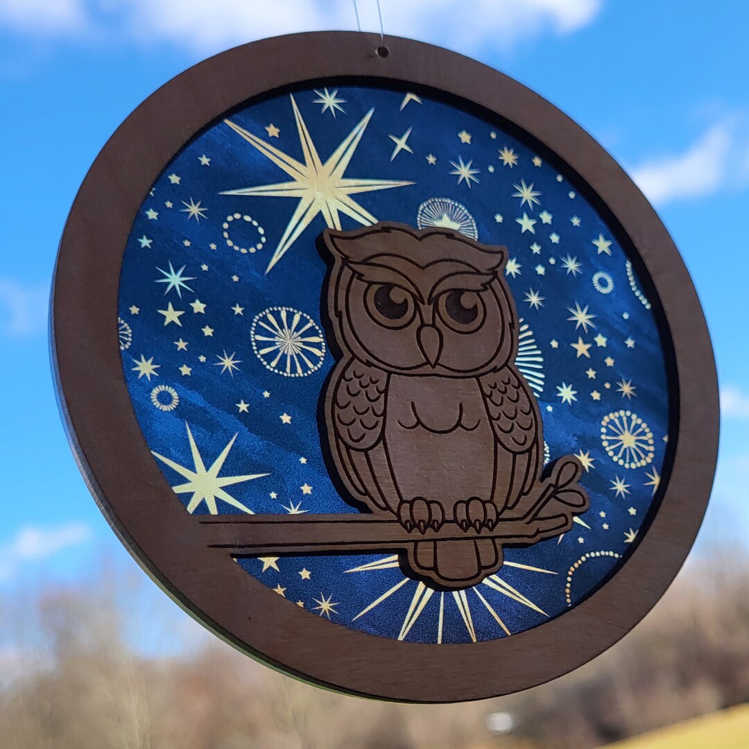 Owl at Night Acrylic Suncatcher W/ Wood Overlay Crafted by Designs by ...