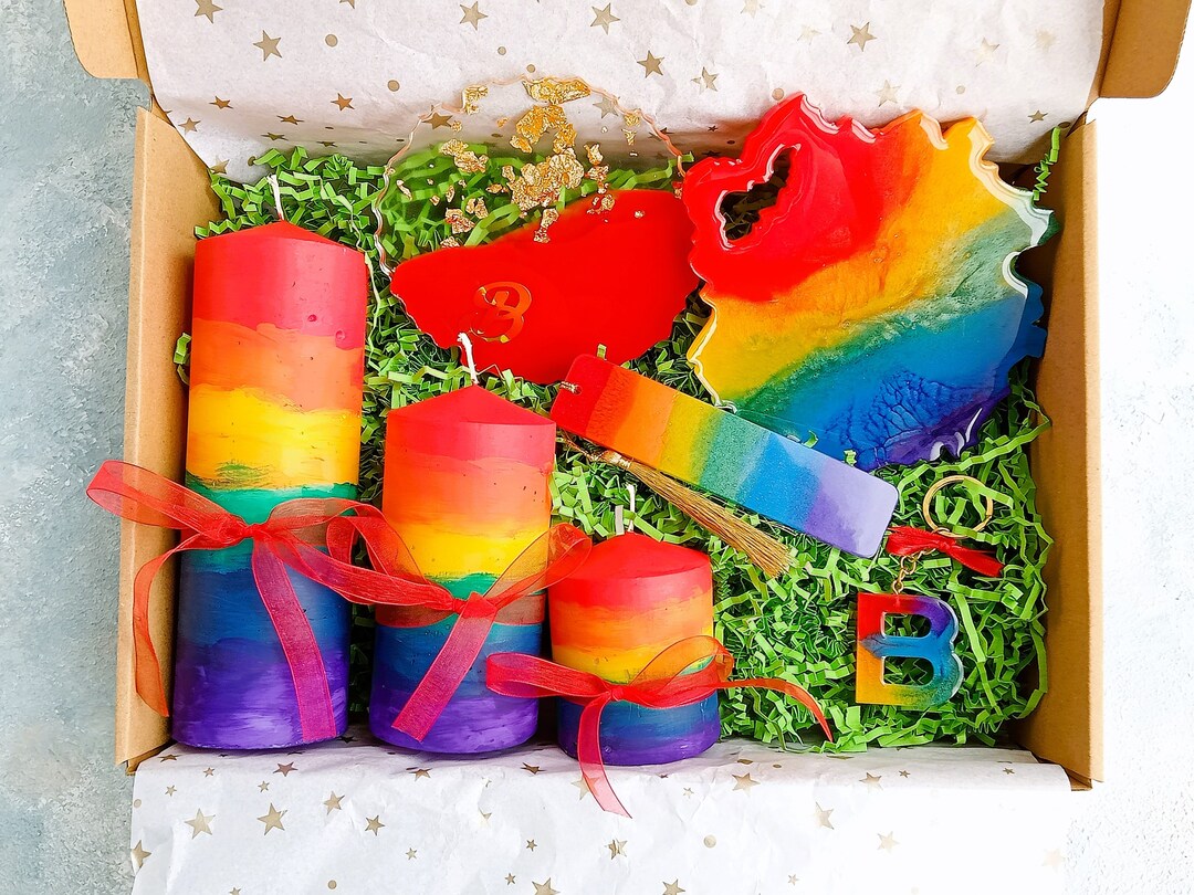 Rainbow Pride Gift Box: LGBT Candles, Coasters & Keychain - Etsy