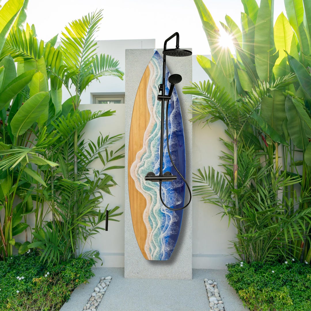 Handmade Epoxy Surfboard Outdoor Shower, Natural Wood Design, Garden ...