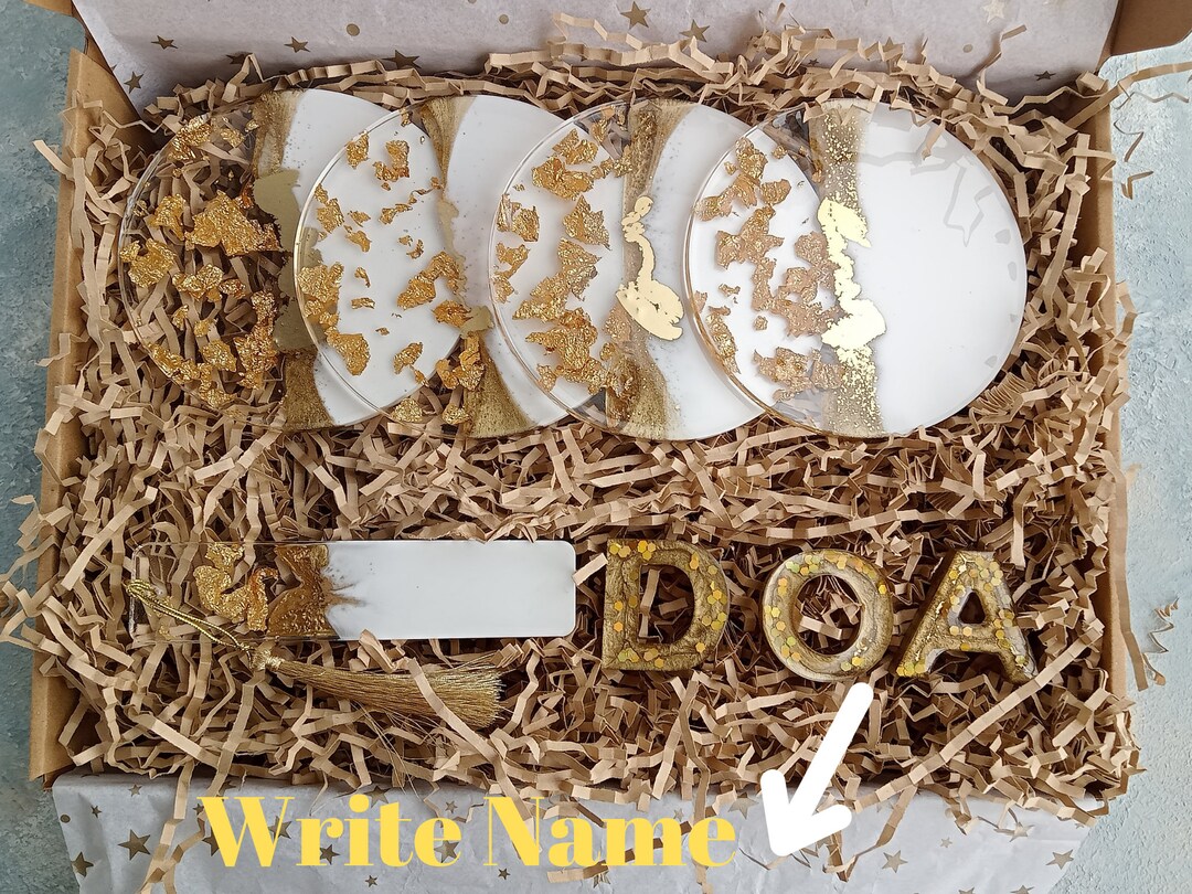 Birthday Pamper Gift Box: Resin Coaster Set, Bookmark, Name Letters - Etsy